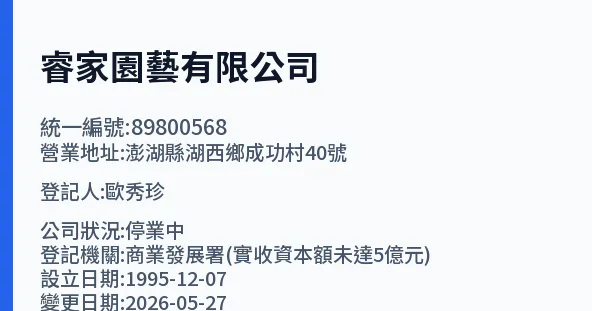 睿家園藝有限公司的照片-統編 89800568(澎湖縣) 公司登記資料與營業項目詳細圖表