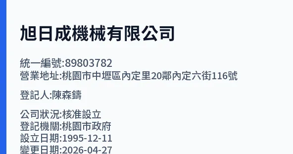 旭日成機械有限公司的照片-統編 89803782(桃園市) 公司登記資料與營業項目詳細圖表