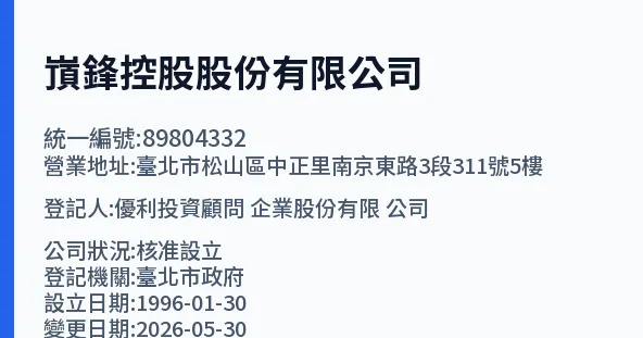 嵿鋒控股股份有限公司的照片-統編 89804332(臺北市) 公司登記資料與營業項目詳細圖表