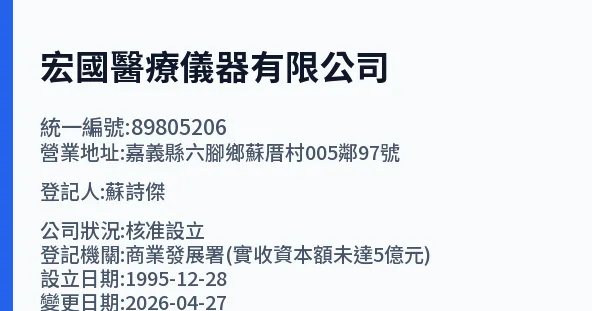 宏國醫療儀器有限公司的照片-統編 89805206(嘉義縣) 公司登記資料與營業項目詳細圖表