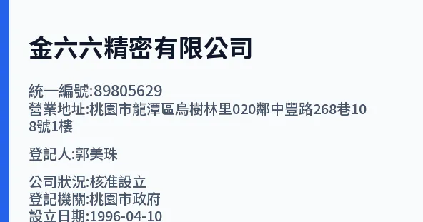 金六六精密有限公司的照片-統編 89805629(桃園市) 公司登記資料與營業項目詳細圖表