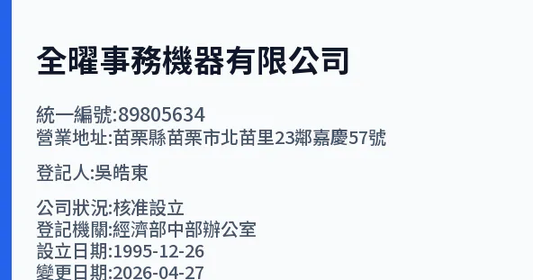 全曜事務機器有限公司的照片-統編 89805634(苗栗縣) 公司登記資料與營業項目詳細圖表