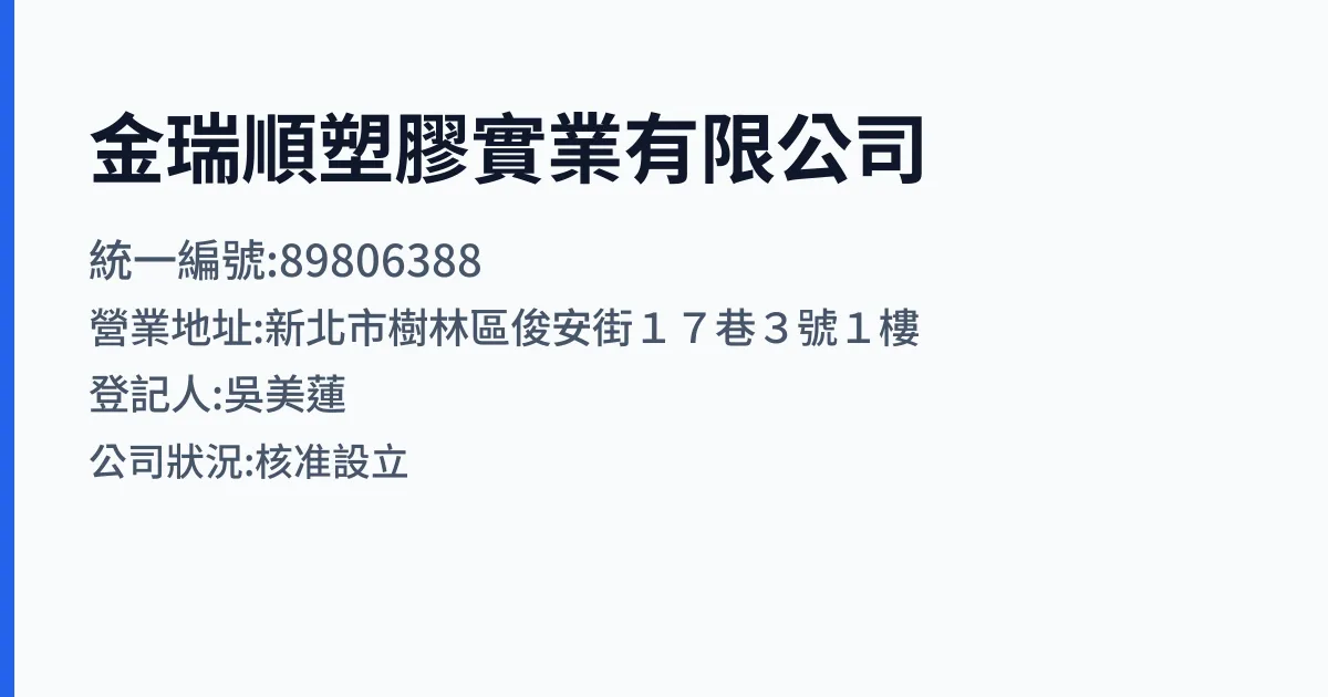金瑞順塑膠實業有限公司 - 統編 89806388(新北市) 公司登記資料與營業項目詳細圖表