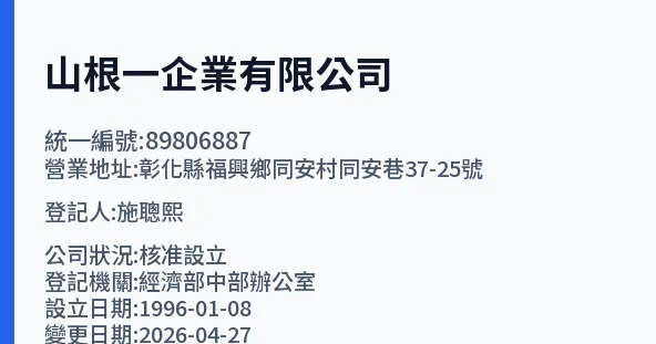 山根一企業有限公司的照片-統編 89806887(彰化縣) 公司登記資料與營業項目詳細圖表
