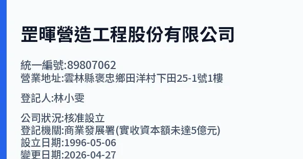 罡暉營造工程股份有限公司的照片-統編 89807062(雲林縣) 公司登記資料與營業項目詳細圖表
