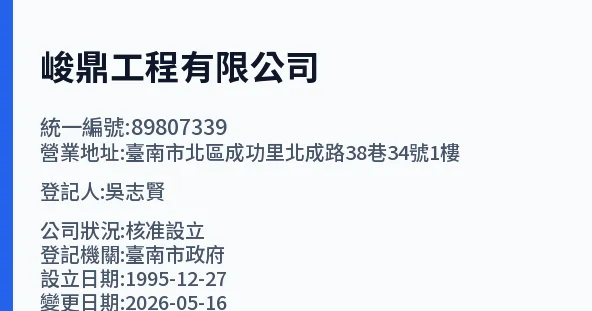 峻鼎工程有限公司的照片-統編 89807339(臺南市) 公司登記資料與營業項目詳細圖表