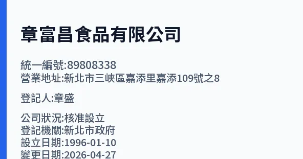 章富昌食品有限公司的照片-統編 89808338(新北市) 公司登記資料與營業項目詳細圖表