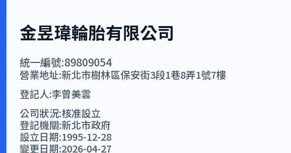 金昱瑋輪胎有限公司的照片-統編 89809054(新北市) 公司登記資料與營業項目詳細圖表