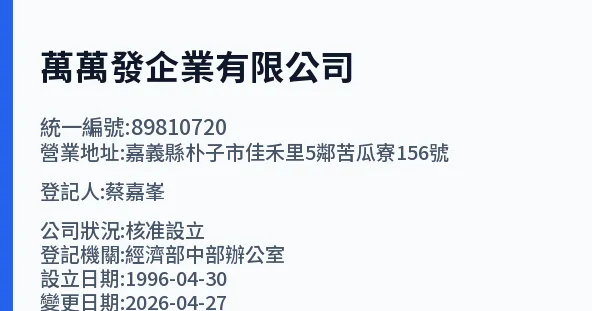 萬萬發企業有限公司的照片-統編 89810720(嘉義縣) 公司登記資料與營業項目詳細圖表