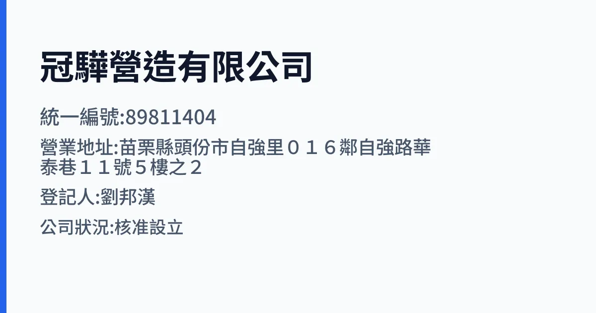 冠驊營造有限公司 - 統編 89811404(苗栗縣) 公司登記資料與營業項目詳細圖表