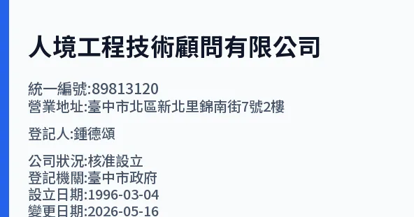 人境工程技術顧問有限公司的照片-統編 89813120(臺中市) 公司登記資料與營業項目詳細圖表