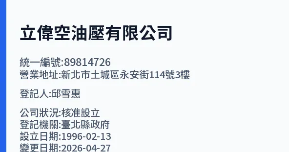 立偉空油壓有限公司的照片-統編 89814726(新北市) 公司登記資料與營業項目詳細圖表