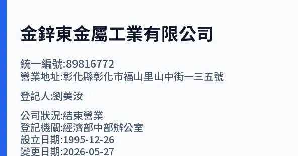 金鋅東金屬工業有限公司的照片-統編 89816772(彰化縣) 公司登記資料與營業項目詳細圖表