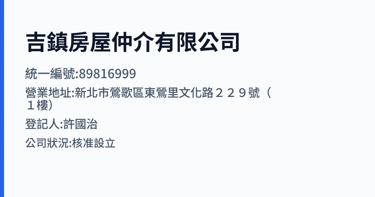 吉鎮房屋仲介有限公司 - 統編 89816999(新北市) 公司登記資料與營業項目詳細圖表