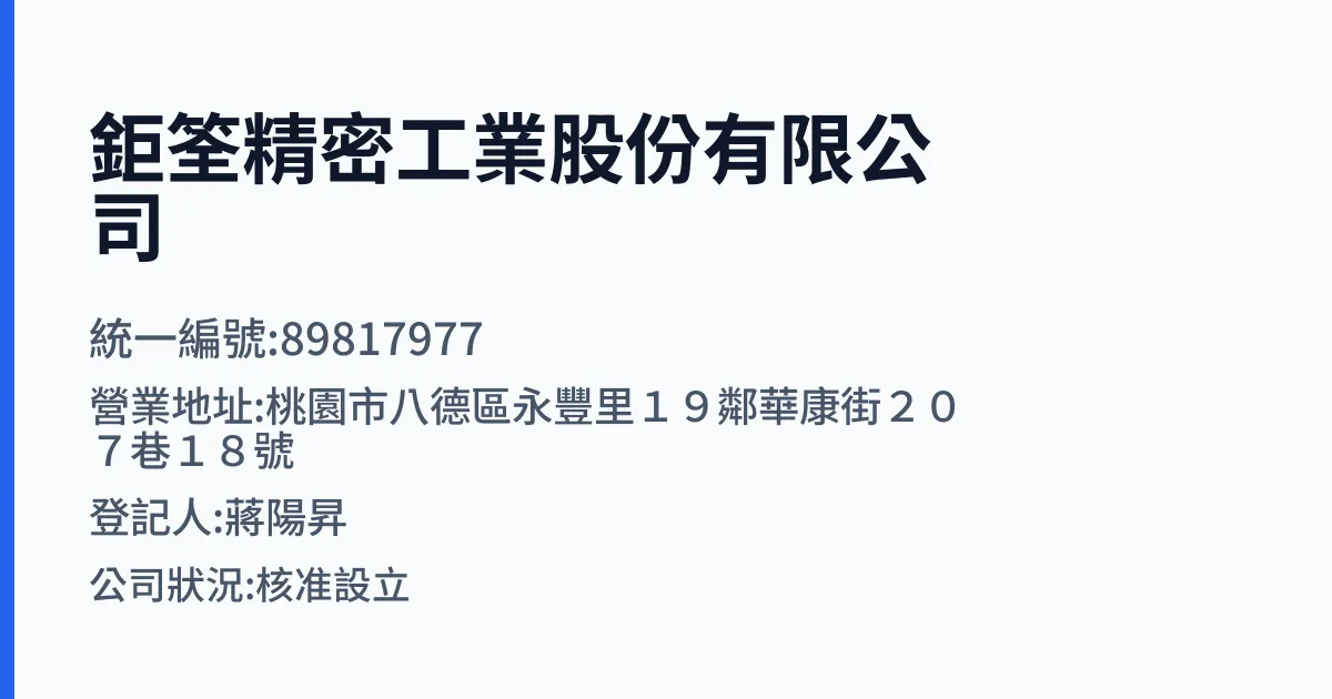 鉅筌精密工業股份有限公司 - 統編 89817977(桃園市) 公司登記資料與營業項目詳細圖表