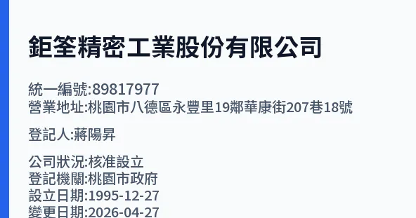 鉅筌精密工業股份有限公司的照片-統編 89817977(桃園市) 公司登記資料與營業項目詳細圖表