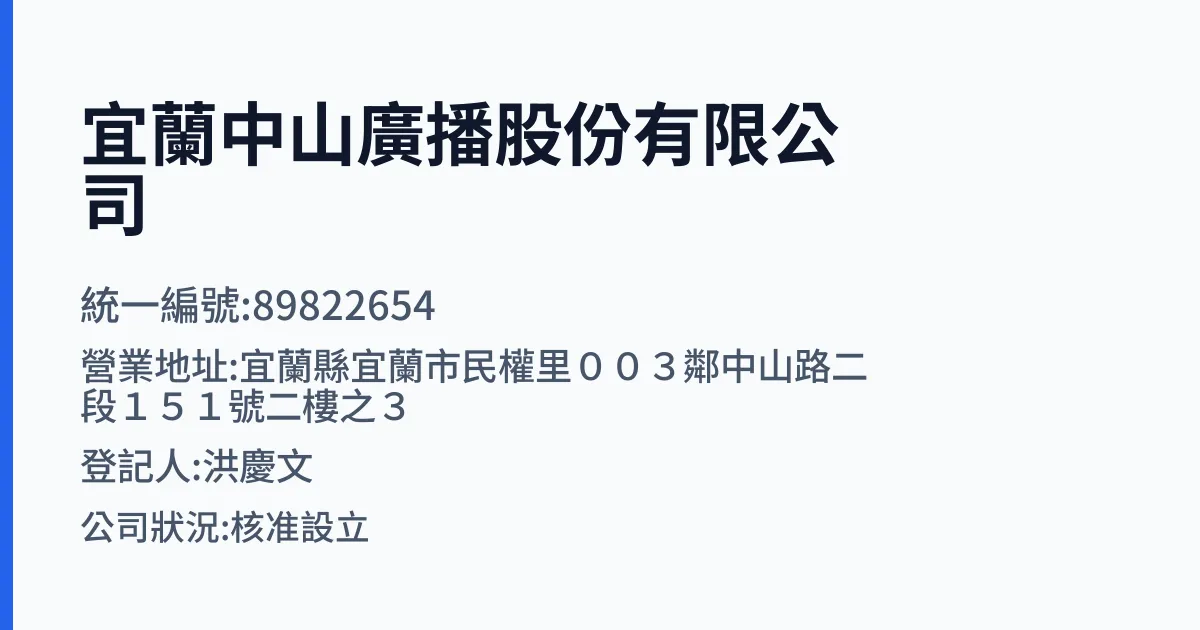 宜蘭中山廣播股份有限公司 - 統編 89822654(宜蘭縣) 公司登記資料與營業項目詳細圖表