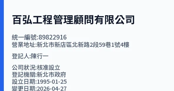 百弘工程管理顧問有限公司的照片-統編 89822916(新北市) 公司登記資料與營業項目詳細圖表