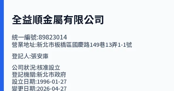 全益順金屬有限公司的照片-統編 89823014(新北市) 公司登記資料與營業項目詳細圖表