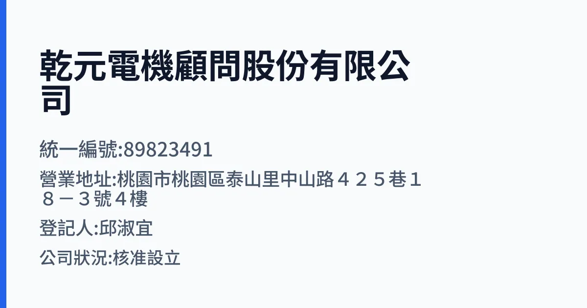 乾元電機顧問股份有限公司 - 統編 89823491(桃園市) 公司登記資料與營業項目詳細圖表