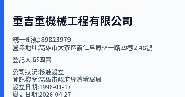 重吉重機械工程有限公司的照片-統編 89823979(高雄市) 公司登記資料與營業項目詳細圖表