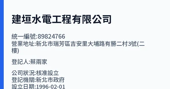建垣水電工程有限公司的照片-統編 89824766(新北市) 公司登記資料與營業項目詳細圖表