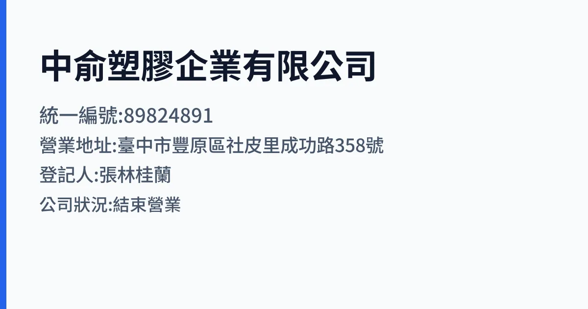 中俞塑膠企業有限公司 - 統編 89824891(臺中市) 公司登記資料與營業項目詳細圖表
