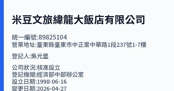 米豆文旅緯龍大飯店有限公司的照片-統編 89825104(臺東縣) 公司登記資料與營業項目詳細圖表