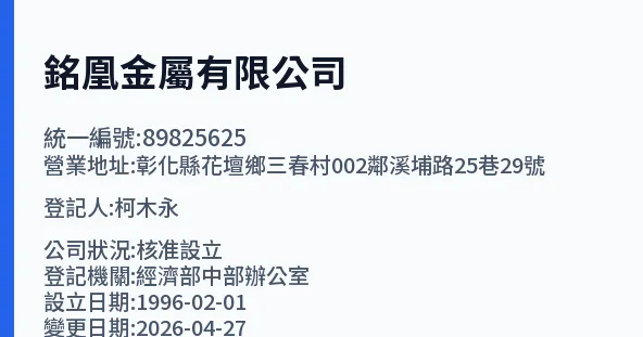 銘凰金屬有限公司的照片-統編 89825625(彰化縣) 公司登記資料與營業項目詳細圖表