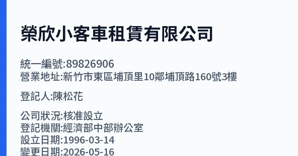 榮欣小客車租賃有限公司的照片-統編 89826906(新竹市) 公司登記資料與營業項目詳細圖表