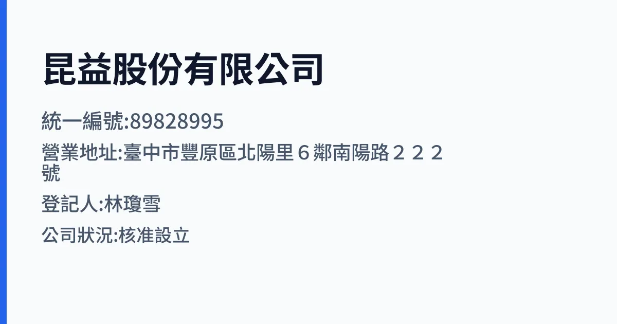 昆益股份有限公司 - 統編 89828995(臺中市) 公司登記資料與營業項目詳細圖表