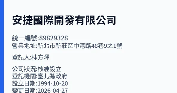 安捷國際開發有限公司的照片-統編 89829328(新北市) 公司登記資料與營業項目詳細圖表
