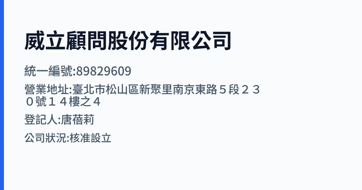 威立顧問股份有限公司 - 統編 89829609(臺北市) 公司登記資料與營業項目詳細圖表
