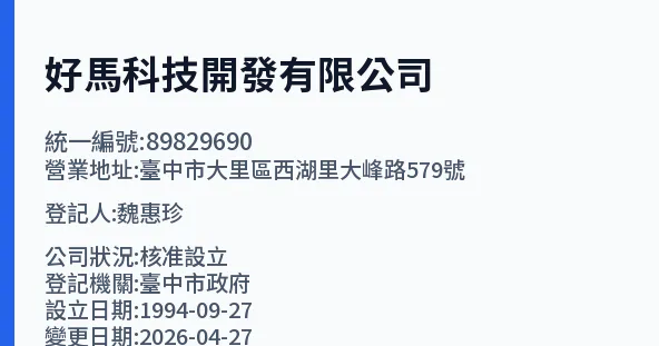 好馬科技開發有限公司的照片-統編 89829690(臺中市) 公司登記資料與營業項目詳細圖表