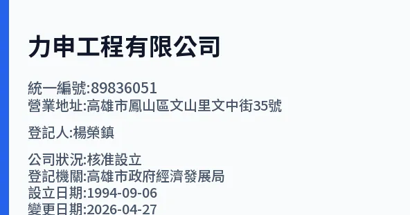 力申工程有限公司的照片-統編 89836051(高雄市) 公司登記資料與營業項目詳細圖表