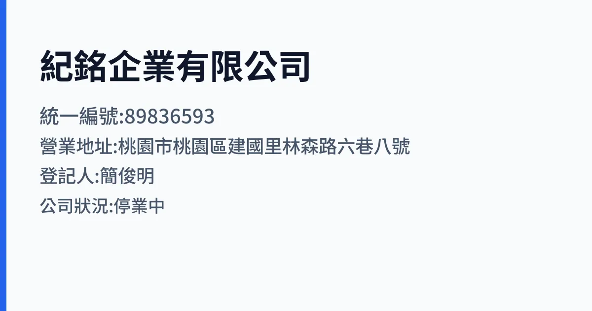 紀銘企業有限公司 - 統編 89836593(桃園市) 公司登記資料與營業項目詳細圖表