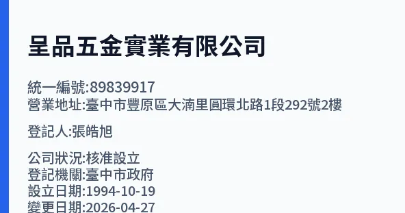 呈品五金實業有限公司的照片-統編 89839917(臺中市) 公司登記資料與營業項目詳細圖表