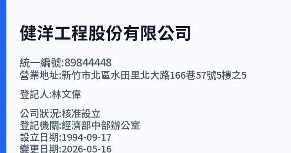 健洋工程股份有限公司的照片-統編 89844448(新竹市) 公司登記資料與營業項目詳細圖表