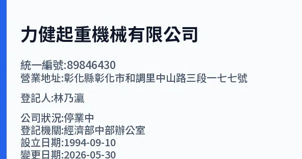 力健起重機械有限公司的照片-統編 89846430(彰化縣) 公司登記資料與營業項目詳細圖表