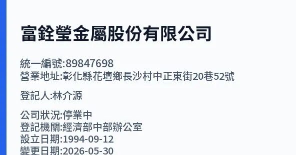 富銓瑩金屬股份有限公司的照片-統編 89847698(彰化縣) 公司登記資料與營業項目詳細圖表