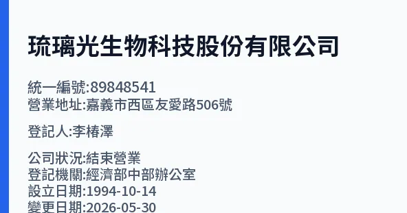 琉璃光生物科技股份有限公司的照片-統編 89848541(嘉義市) 公司登記資料與營業項目詳細圖表