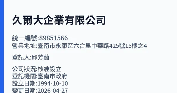久爾大企業有限公司的照片-統編 89851566(臺南市) 公司登記資料與營業項目詳細圖表