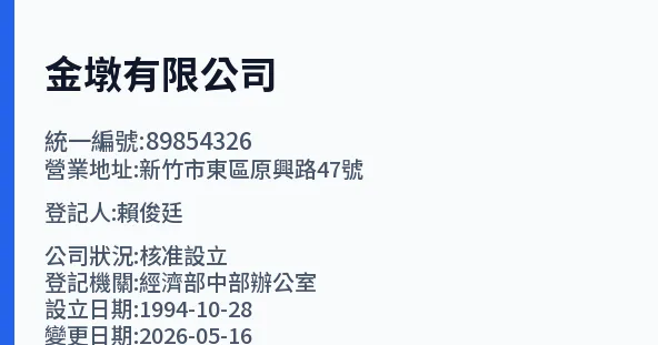 金墩有限公司的照片-統編 89854326(新竹市) 公司登記資料與營業項目詳細圖表