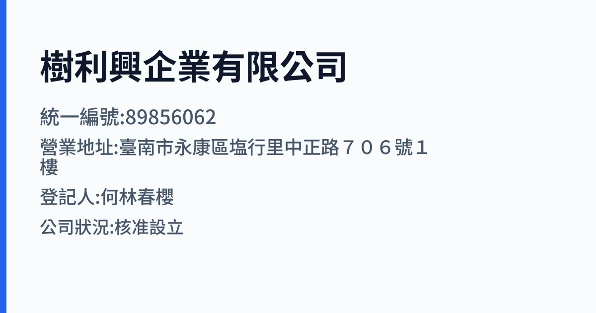 樹利興企業有限公司 - 統編 89856062(臺南市) 公司登記資料與營業項目詳細圖表