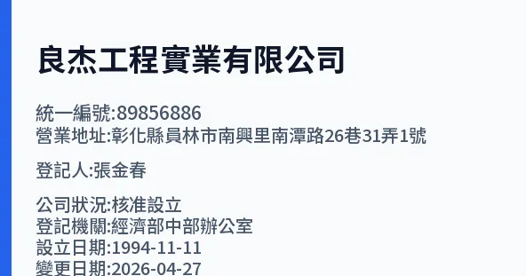良杰工程實業有限公司的照片-統編 89856886(彰化縣) 公司登記資料與營業項目詳細圖表