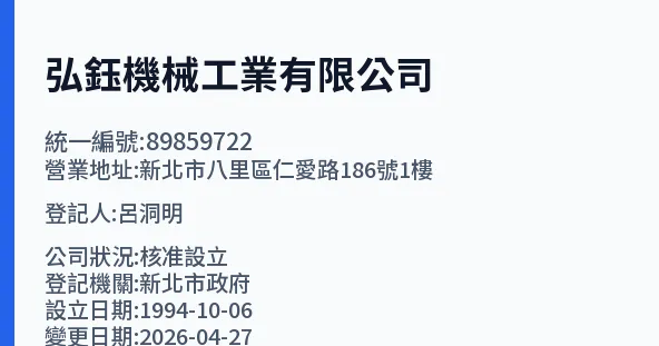 弘鈺機械工業有限公司的照片-統編 89859722(新北市) 公司登記資料與營業項目詳細圖表