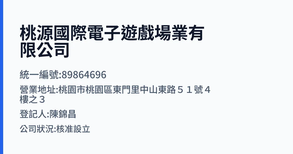 桃源國際電子遊戲場業有限公司 - 統編 89864696（桃園市） 公司登記資料與營業項目詳細圖表
