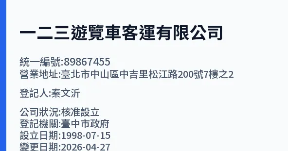 一二三遊覽車客運有限公司的照片-統編 89867455(臺北市) 公司登記資料與營業項目詳細圖表