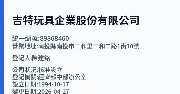 吉特玩具企業股份有限公司的照片-統編 89868460(南投縣) 公司登記資料與營業項目詳細圖表