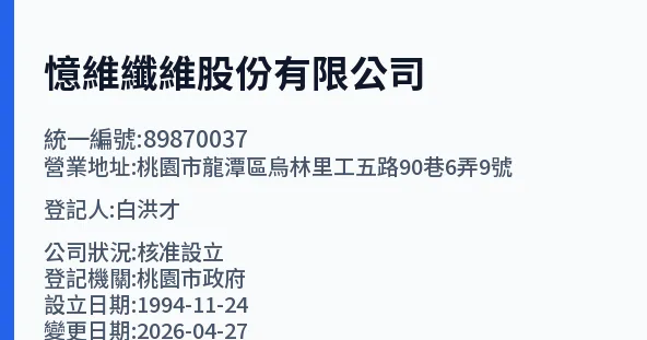 憶維纖維股份有限公司的照片-統編 89870037(桃園市) 公司登記資料與營業項目詳細圖表
